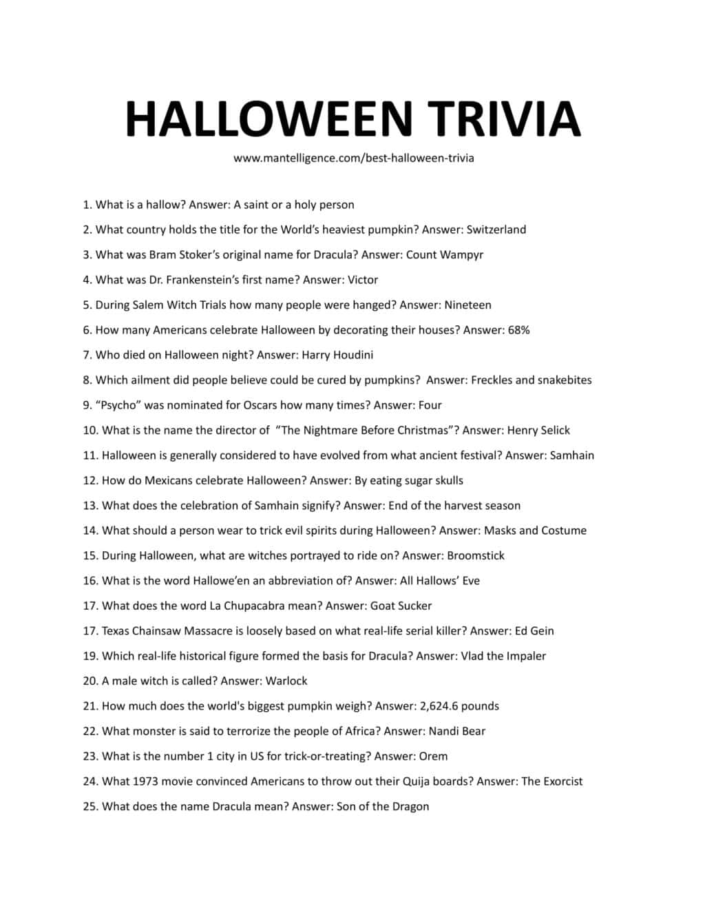 Free Halloween Trivia Printable Multiple Choice Fun Printable Art